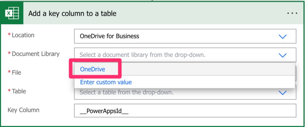 Power Automate: Office 365 Excel - Add a key column to a table action ...