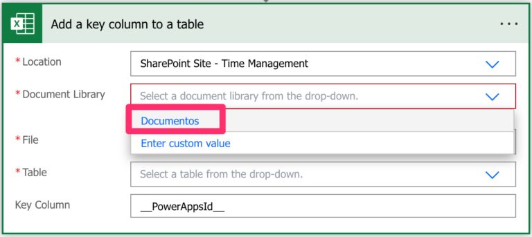Power Automate: Office 365 Excel - Add a key column to a table action ...
